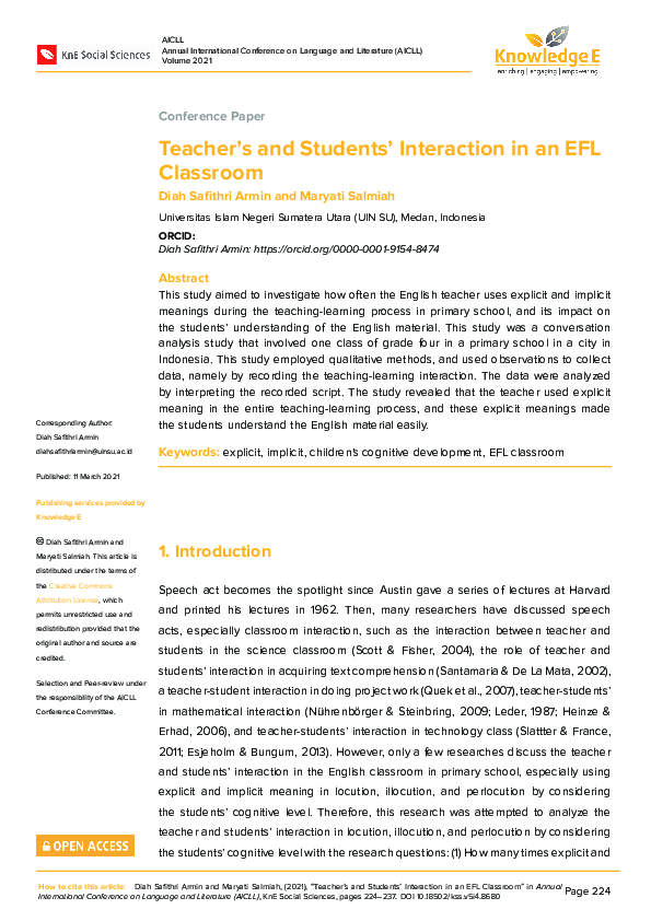(PDF) Teacher’s and Students’ Interaction in an EFL Classroom