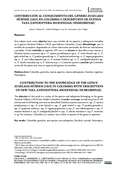 (PDF) Contribución al conocimiento del género Euselasia Hübner [1819] en Colombia y descripción ...
