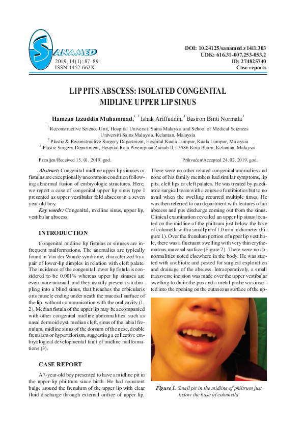 (PDF) Lip Pits Abscess: Isolated Congenital Midline Upper Lip Sinus