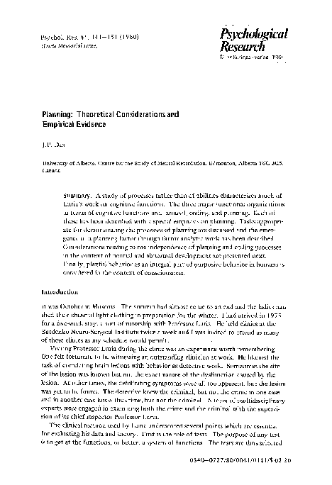 (PDF) Planning: Theoretical considerations and empirical evidence
