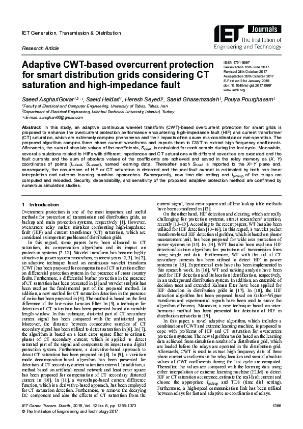 Pdf Adaptive Cwt‐based Overcurrent Protection For Smart Distribution Grids Considering Ct