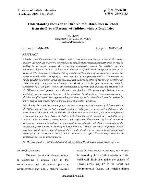 (PDF) Understanding Inclusion of Children with Disabilities in School from the Eyes of Parents ...