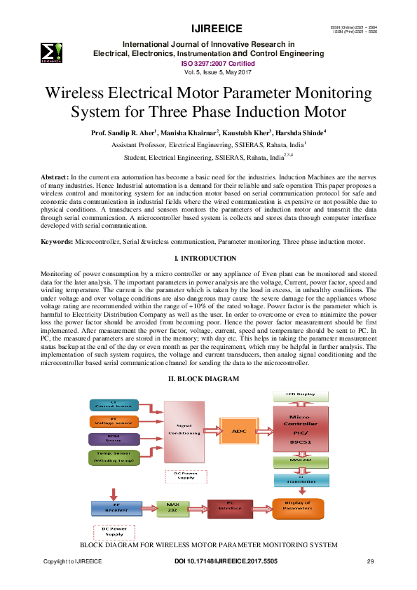 Pdf Wireless Electrical Motor Parameter Monitoring System For Three