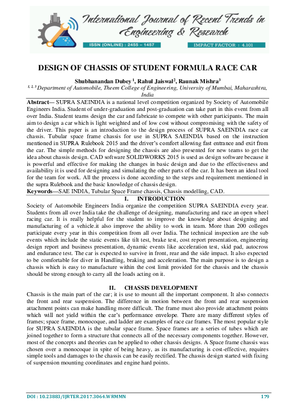 (PDF) Design of Chassis of Student Formula Race Car