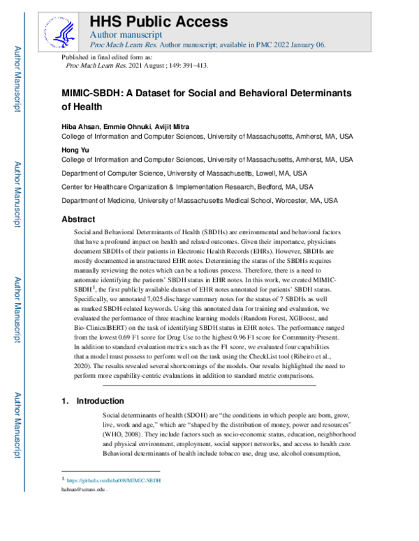 (PDF) MIMIC-SBDH: A Dataset for Social and Behavioral Determinants of ...