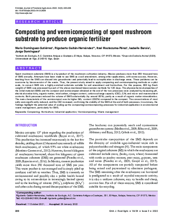 (PDF) Composting and vermicomposting of spent mushroom substrate to produce organic fertilizer ...