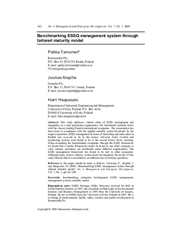 (PDF) Benchmarking ESSQ management system through tailored maturity model
