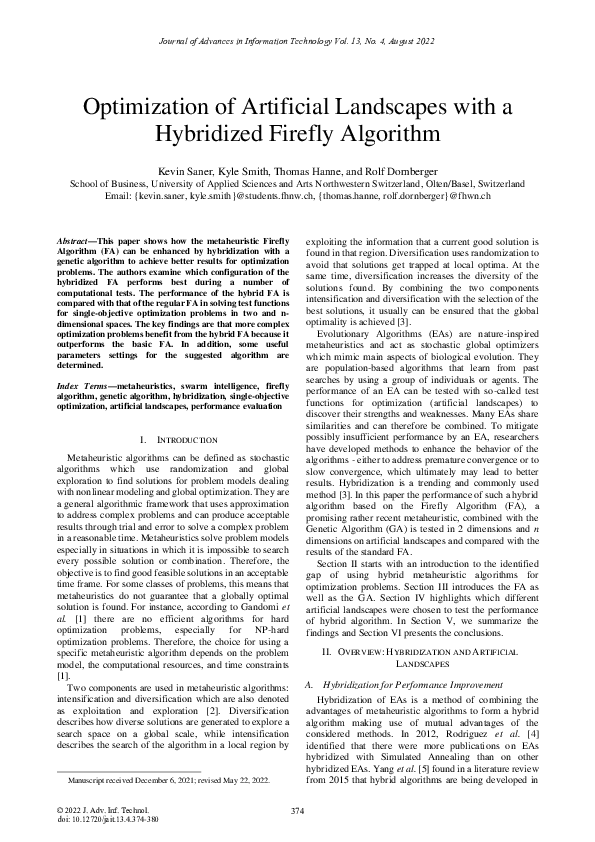 (PDF) Optimization of Artificial Landscapes with a Hybridized Firefly Algorithm | Thomas Hanne ...