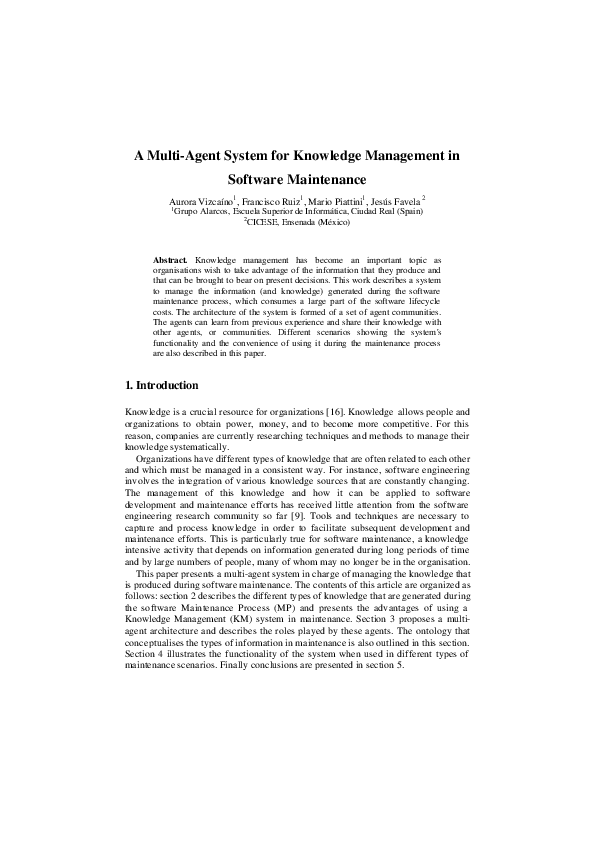 Pdf A Multi Agent System For Knowledge Management In Software Maintenance