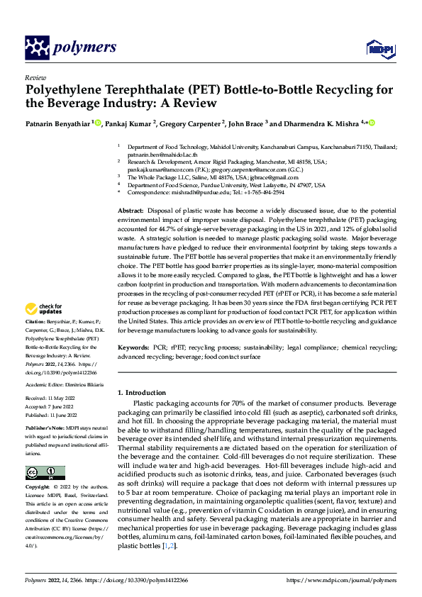 (PDF) Polyethylene Terephthalate (PET) Bottle-to-Bottle Recycling for the Beverage Industry: A ...
