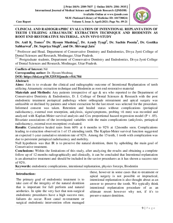 (PDF) Clinical and Radiographic Evaluation of Intentional Replantation ...