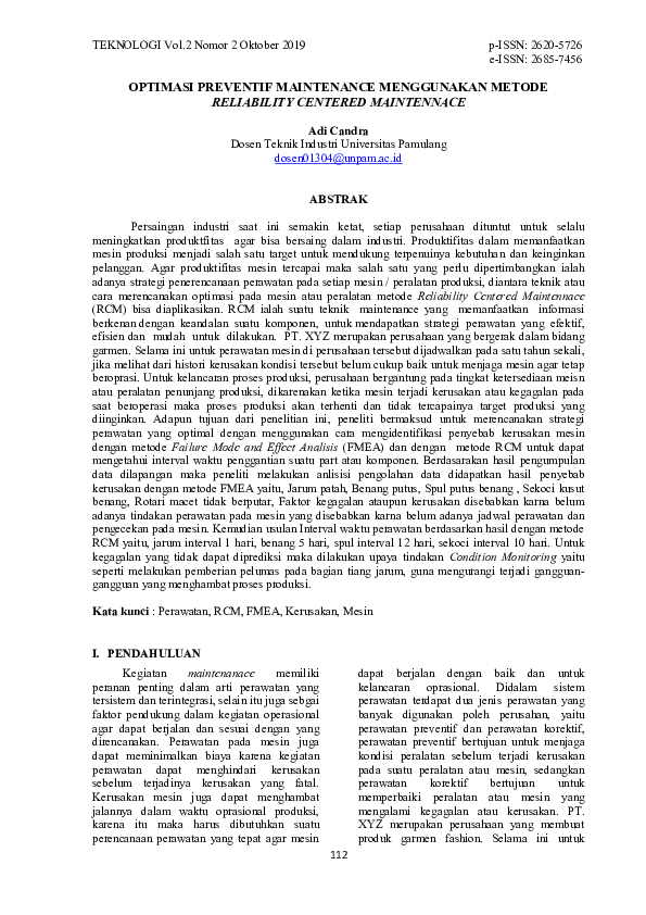(PDF) Optimasi Preventif Maintenance Menggunakan Metode Reliability Centered Maintennace