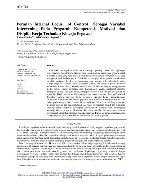 (PDF) Peranan Internal Locus of Control Sebagai Variabel Intervening Pada Pengaruh Kompetensi ...
