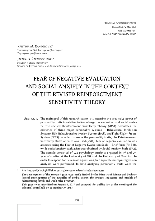 (PDF) Fear of negative evaluation and social anxiety in the context of the revised reinforcement ...