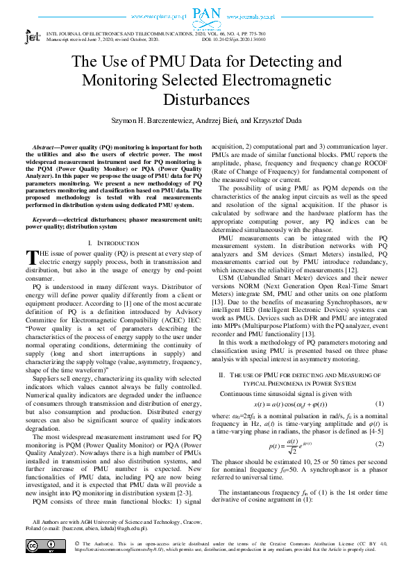 (PDF) The Use of PMU Data for Detecting and Monitoring Selected Electromagnetic Disturbances