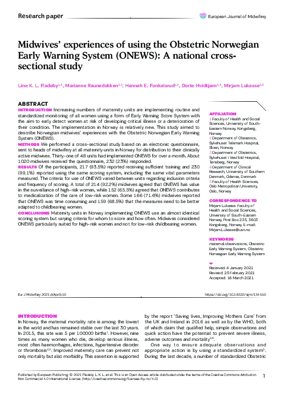(PDF) Midwives’ experiences of using the Obstetric Norwegian Early ...