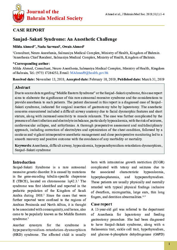(PDF) Sanjad–Sakati Syndrome: An Anesthetic Challenge
