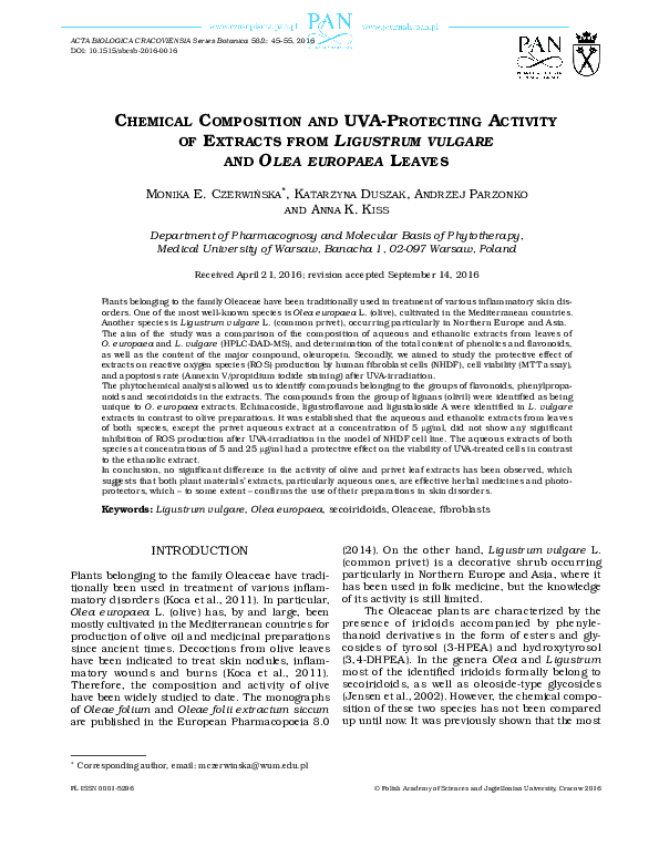 (PDF) Chemical Composition and UVA-Protecting Activity of Extracts from Ligustrum vulgare and ...