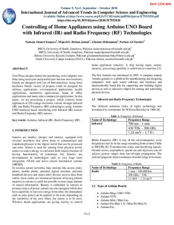 Pdf Controlling Of Home Appliances Using Arduino Uno Board With Infrared Ir And Radio