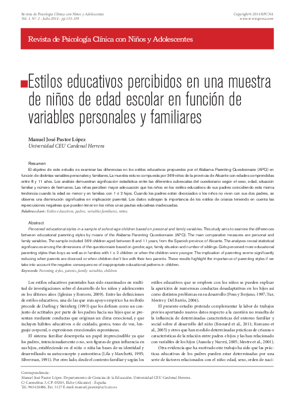 (PDF) Estilos educativos percibidos en una muestra de niños de edad ...