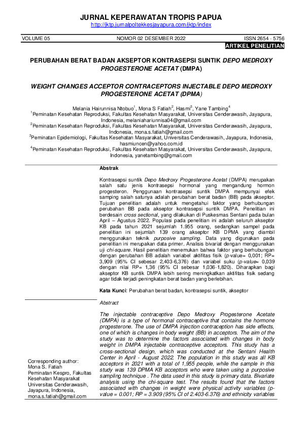 (PDF) Perubahan Berat Badan Akseptor Kontrasepsi Suntik Depo Medroxy Progesterone Acetat (Dmpa)