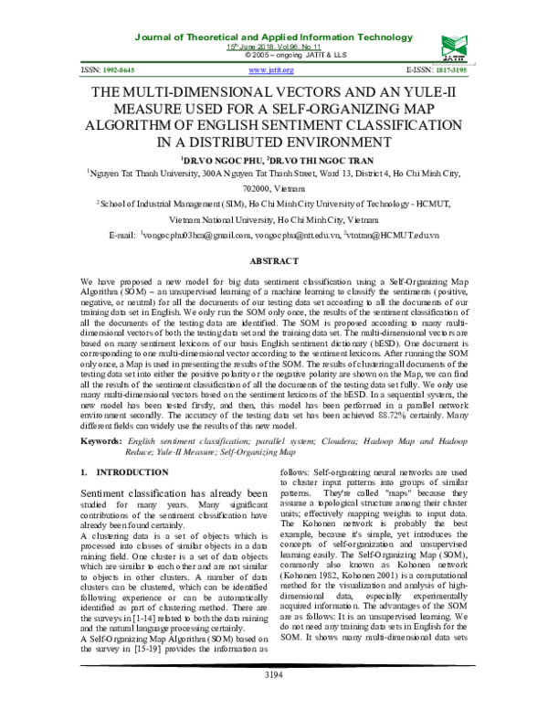 Pdf The Multi Dimensional Vectors And An Yule Ii Measure Used For A Self Organizing Map