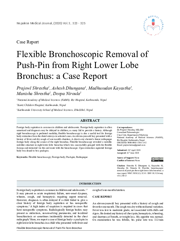 (PDF) Flexible Bronchoscopic Removal of Push-Pin from Right Lower Lobe ...