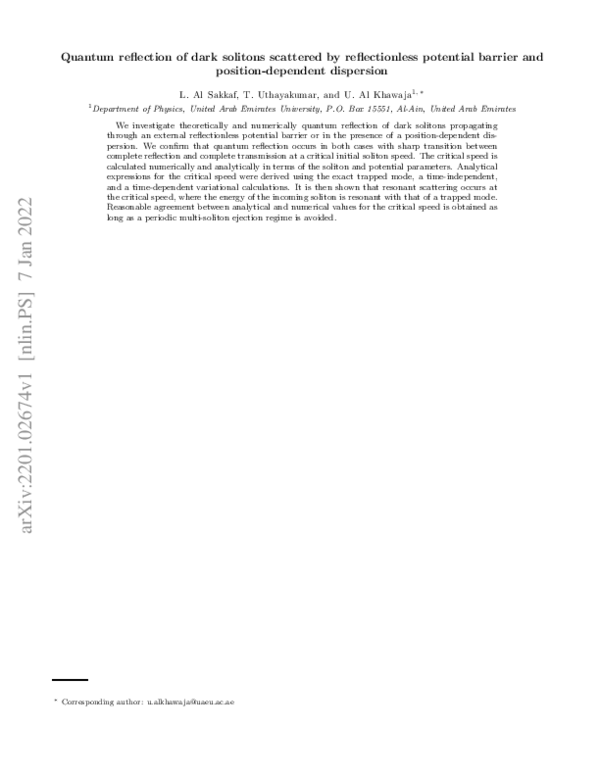 (PDF) Quantum reflection of dark solitons scattered by reflectionless potential barrier and ...