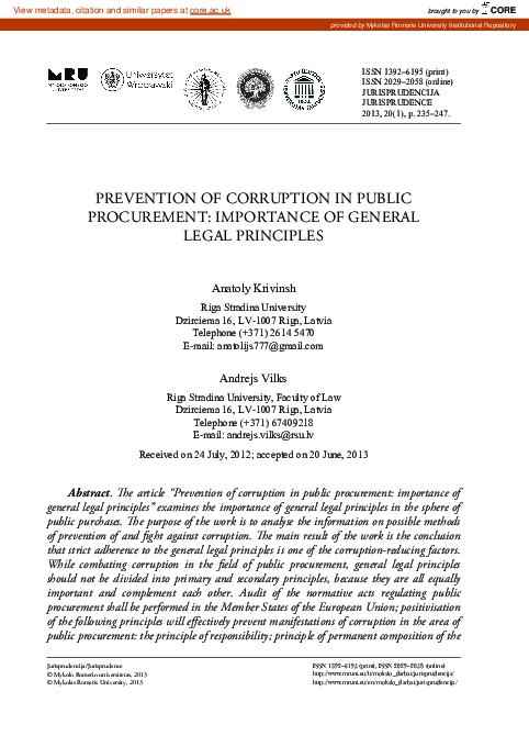(PDF) Prevention of Corruption in Public Procurement: Importance of General Legal Principles