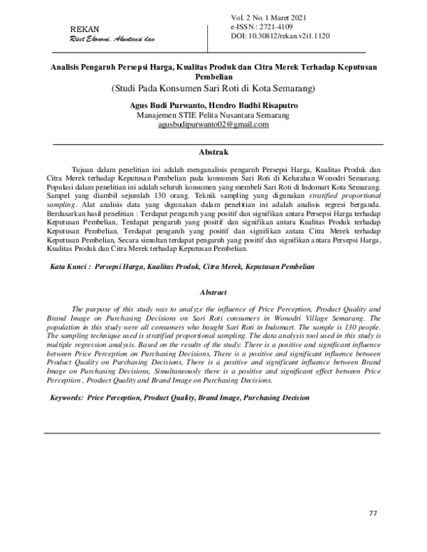 (PDF) Analisis Pengaruh Persepsi Harga, Kualitas Produk dan Citra Merek Terhadap Keputusan ...