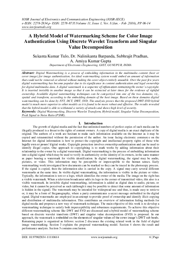 Pdf A Hybrid Model Of Watermarking Scheme For Color Image Authentication Using Discrete