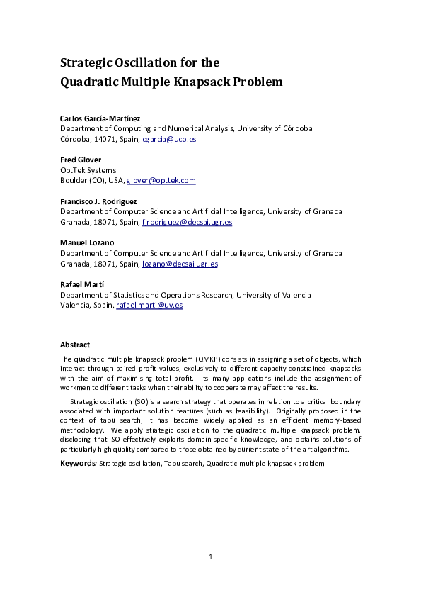 (PDF) Strategic oscillation for the quadratic multiple knapsack problem