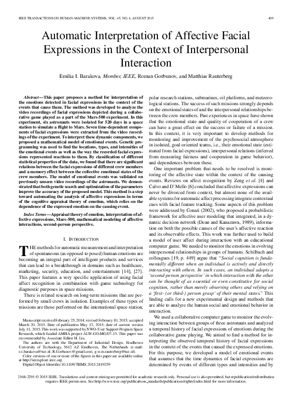 (PDF) Automatic Interpretation of Affective Facial Expressions in the ...