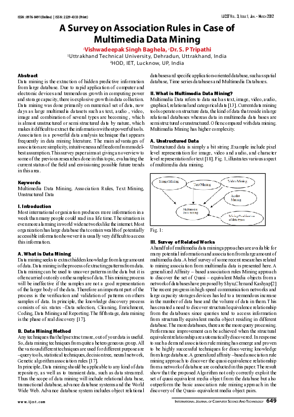 (PDF) A Survey on Association Rules in Case of Multimedia Data Mining 1