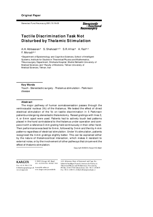 (PDF) Tactile Discrimination Task Not Disturbed by Thalamic Stimulation