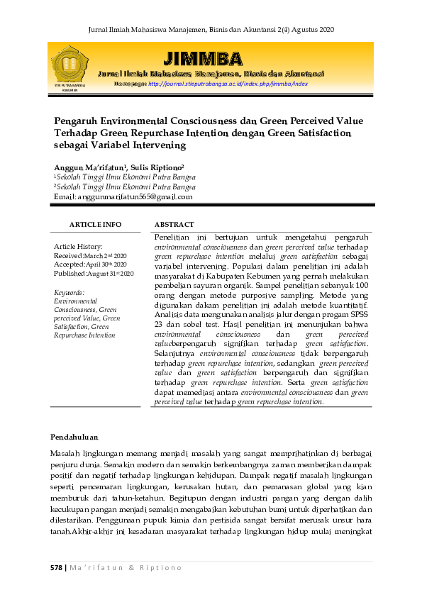 (PDF) Pengaruh Environmental Consciousness dan Green Perceived Value Terhadap Green Repurchase ...