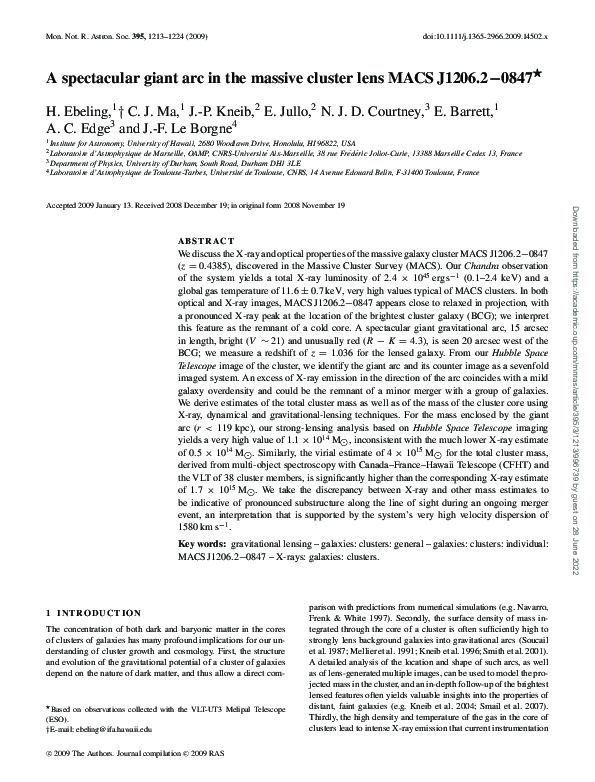 (PDF) A spectacular giant arc in the massive cluster lens MACS J1206.2−0847