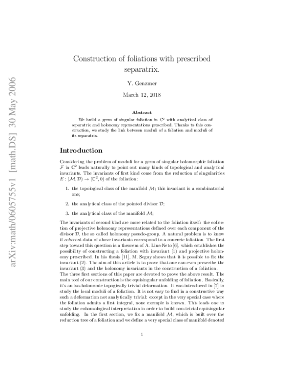 (PDF) Construction of foliations with prescribed separatrix