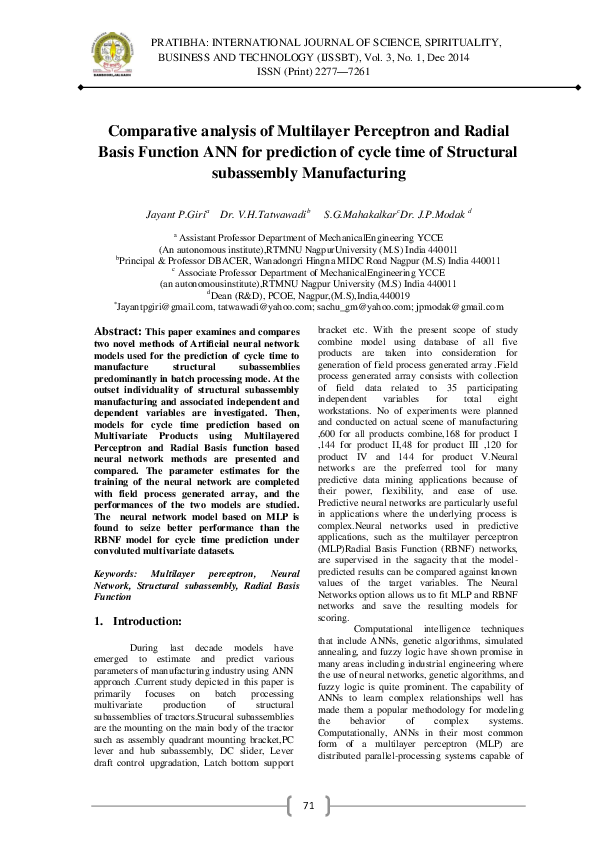 (PDF) Comparative analysis of Multilayer Perceptron and Radial Basis Function ANN for prediction ...