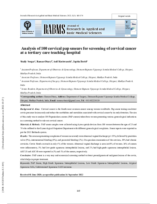 (PDF) Analysis of 100 cervical pap smears for screening of cervical ...