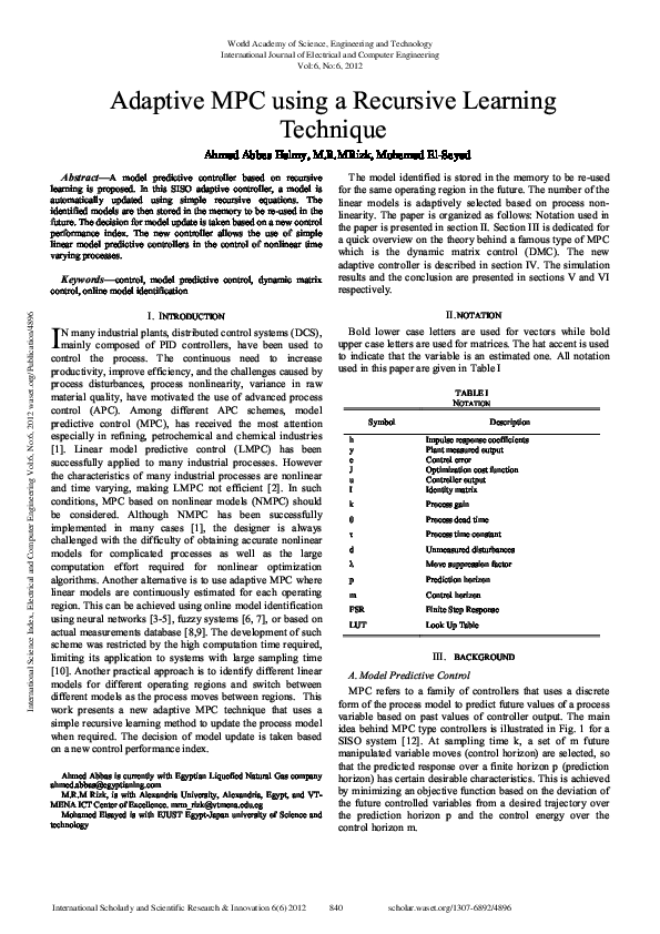 (PDF) Adaptive Mpc Using A Recursive Learning Technique