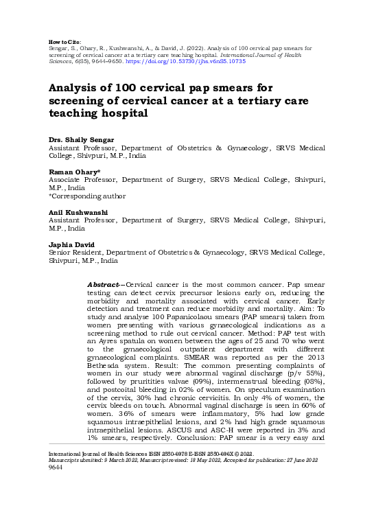 (PDF) Analysis of 100 cervical pap smears for screening of cervical ...