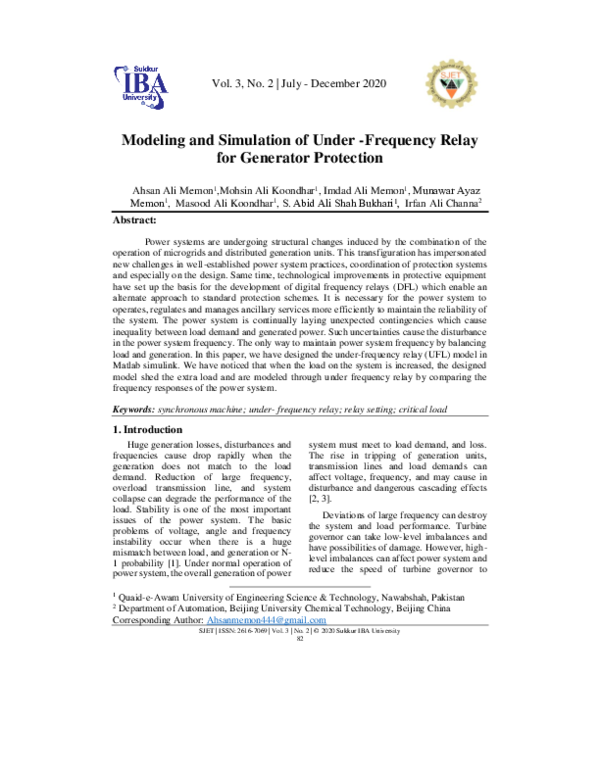 (PDF) Modeling and Simulation of Under -Frequency Relay for Generator Protection