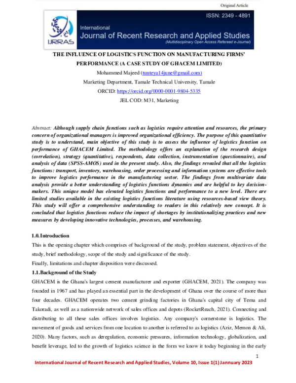 (PDF) THE INFLUENCE OF LOGISTICS FUNCTION ON MANUFACTURING FIRMS' PERFORMANCE (A CASE STUDY OF ...