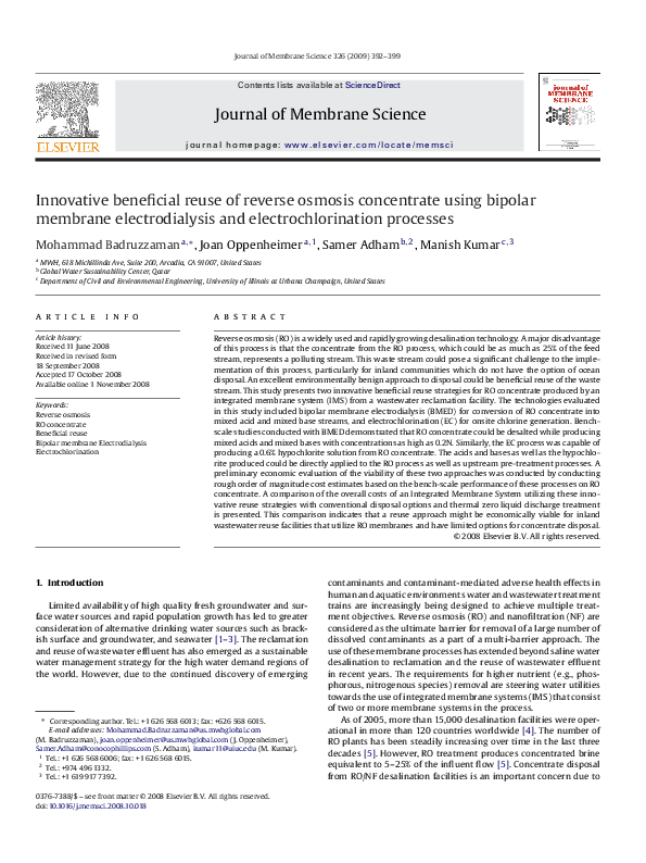 (PDF) Innovative beneficial reuse of reverse osmosis concentrate using ...