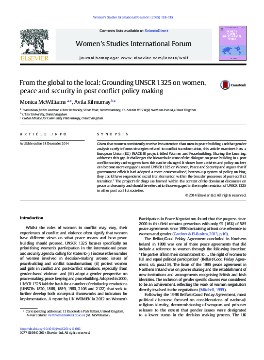 (PDF) From the global to the local: Grounding UNSCR 1325 on women ...