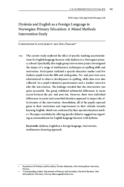 (PDF) Dyslexia and English as a Foreign Language in Norwegian Primary ...