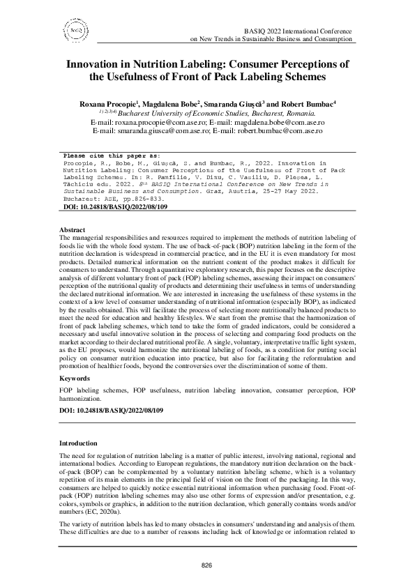 (PDF) Innovation in Nutrition Labeling: Consumer Perceptions of the Usefulness of Front of Pack ...