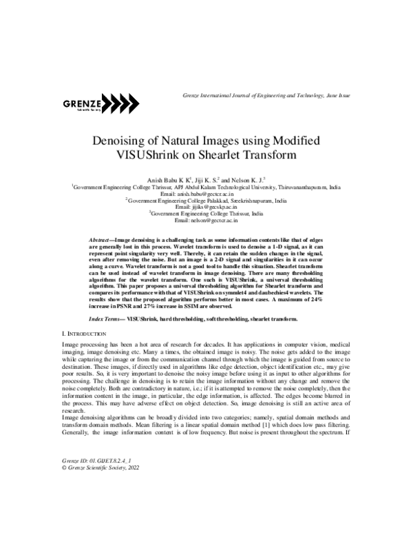 (PDF) Denoising of Natural Images using Modified VISUShrink on Shearlet Transform
