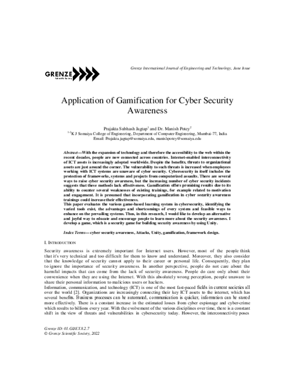 (PDF) Application of Gamification for Cyber Security Awareness